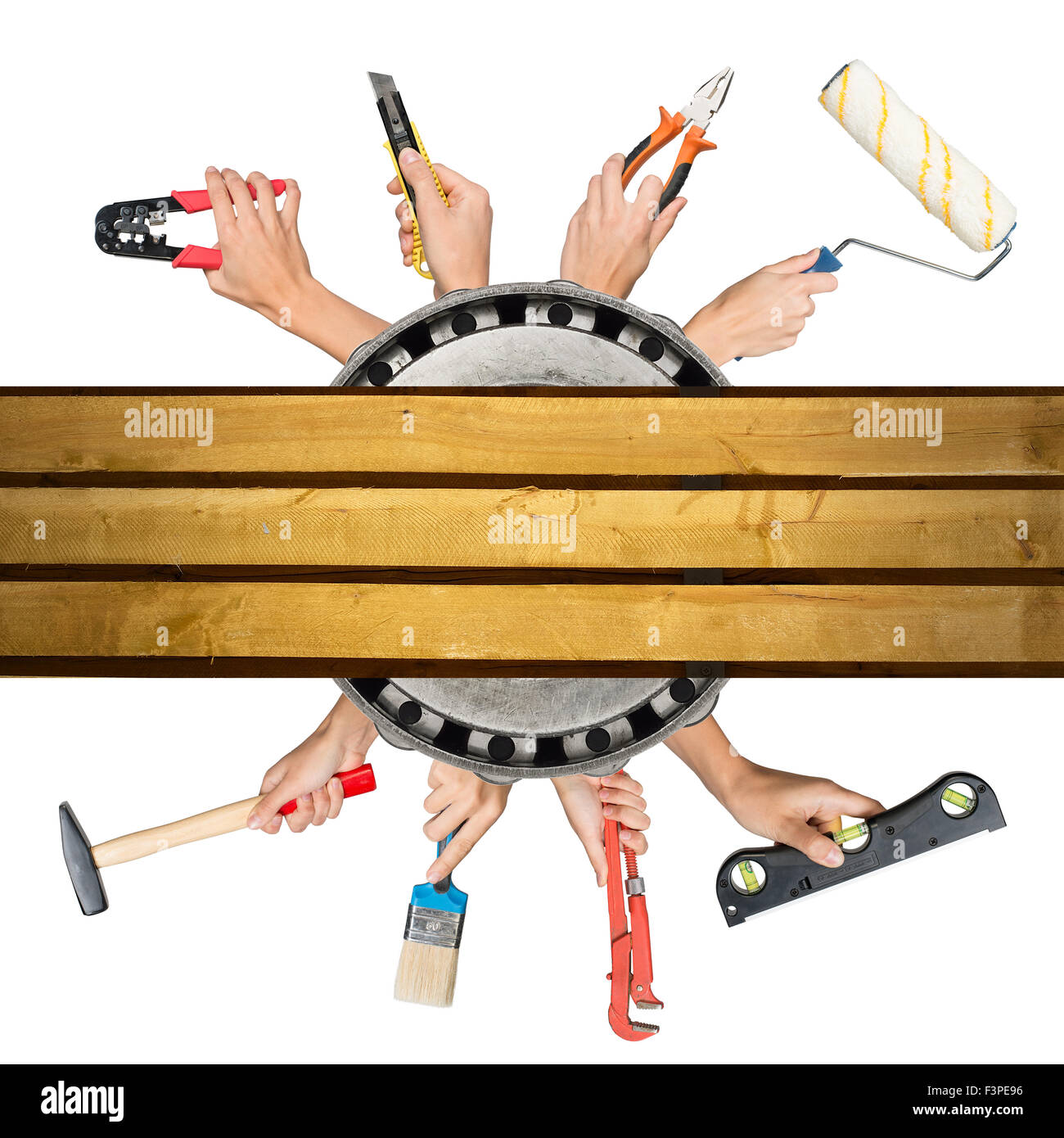 Humans hands holding tools with deck Stock Photo - Alamy