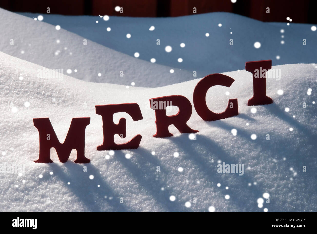 Christmas Card With Snow, Merci Mean Thank You, Snowflakes Stock Photo ...