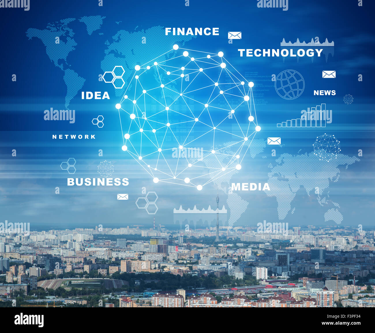 Cityscape with world map and icons Stock Photo - Alamy