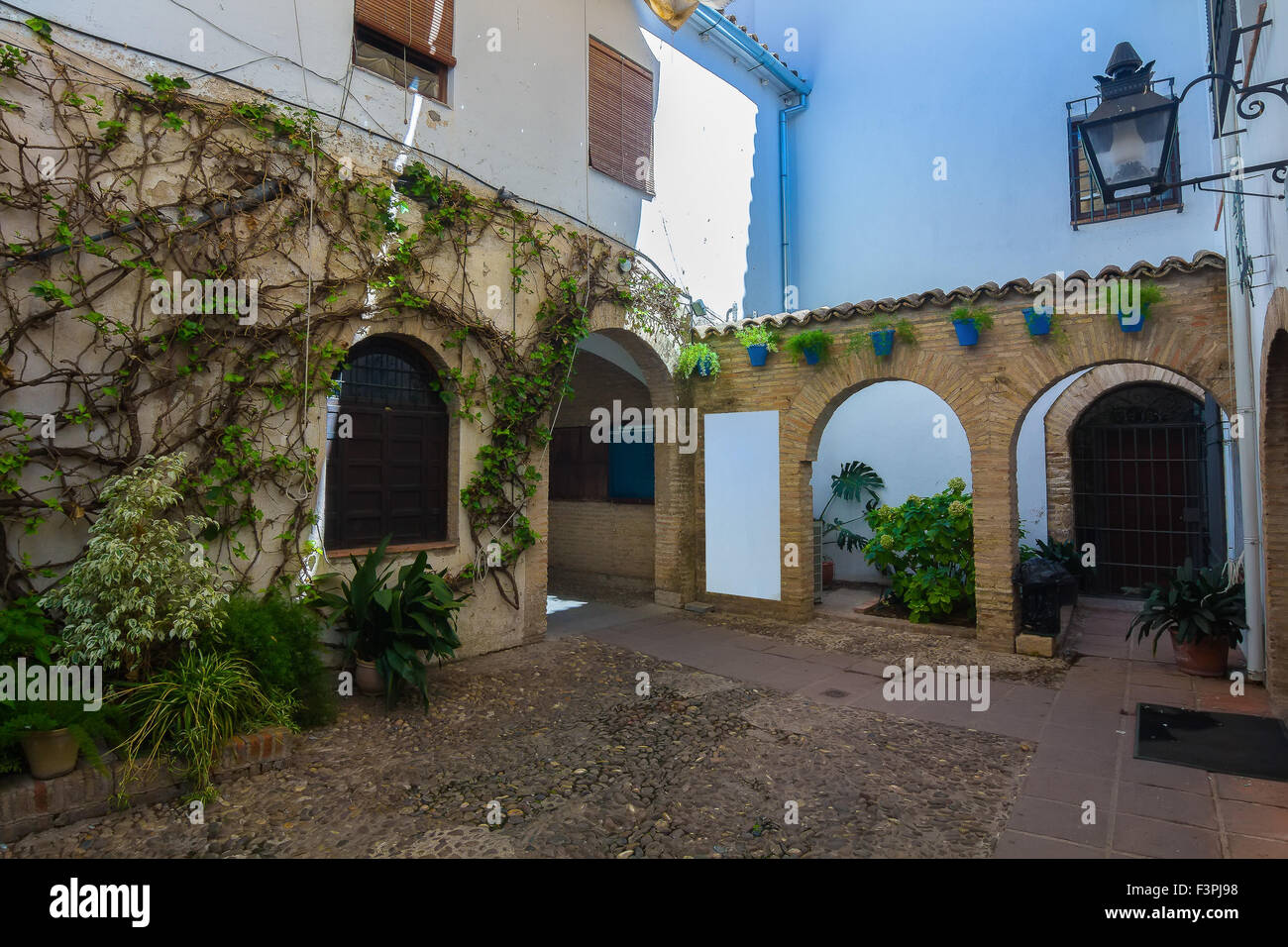 typical Andalusian courtyard decorated with flowers arches and columns ...