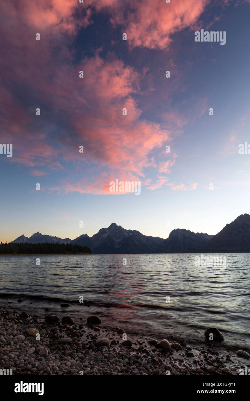 Wide panorama view at sunset view of Teton Range; Jackson Lake; Grand ...