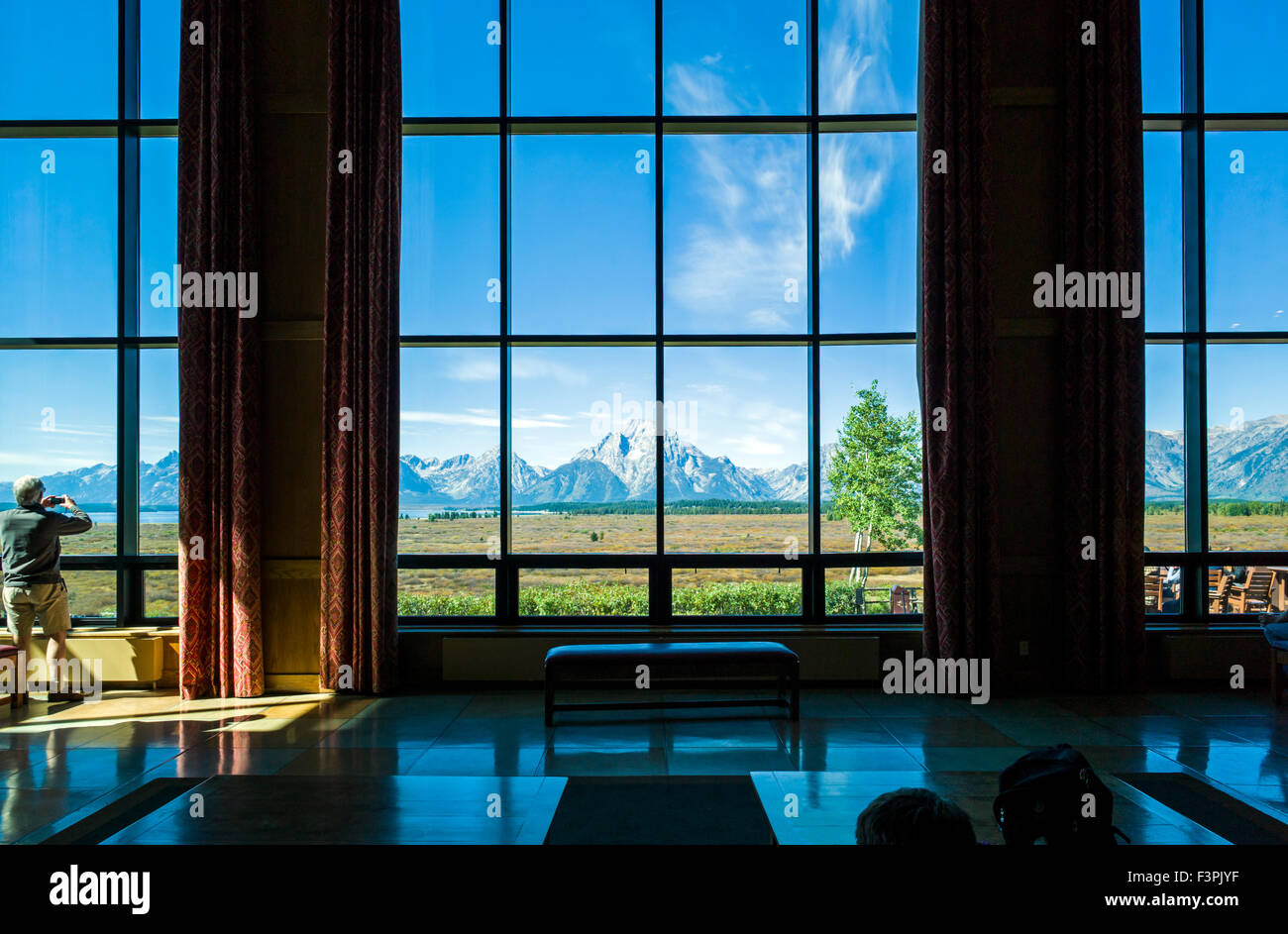 Interior window view of famous & historic Jackson Lake Lodge; Grand ...