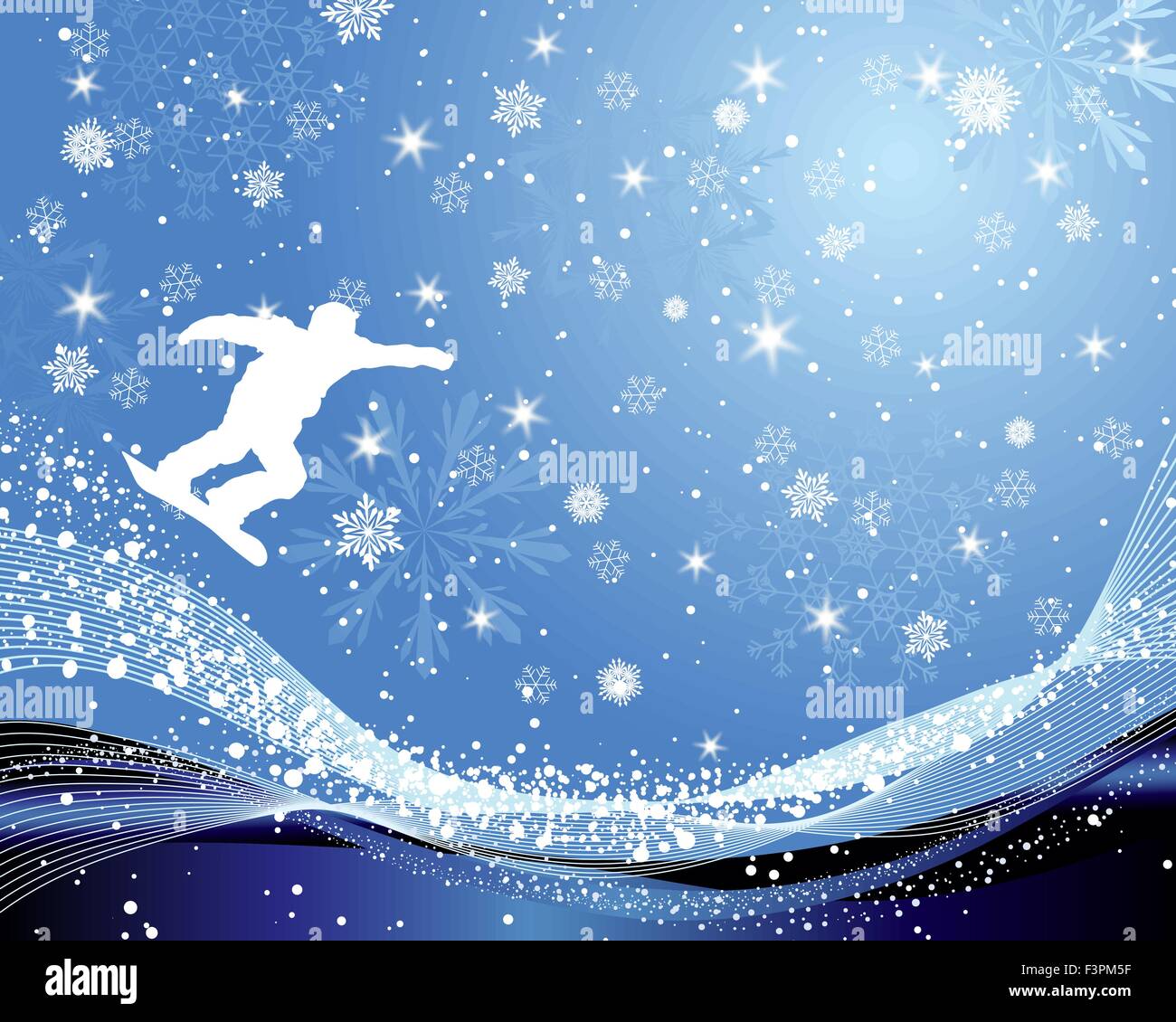Jumping snowboarder over abstract line background with snowflakes ...