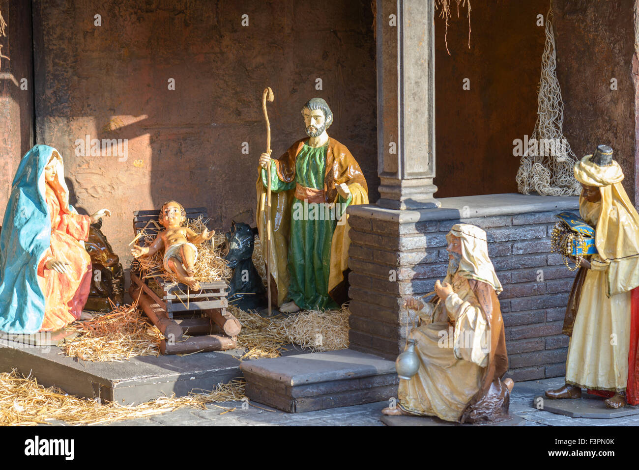A nativity partial scene shoot in a public square in Rome Italy Stock ...