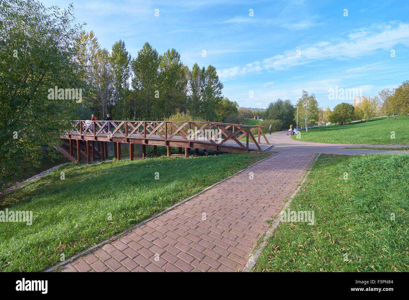 Pedestrian walkway and wooden bridge in the park in autumn Stock Photo ...