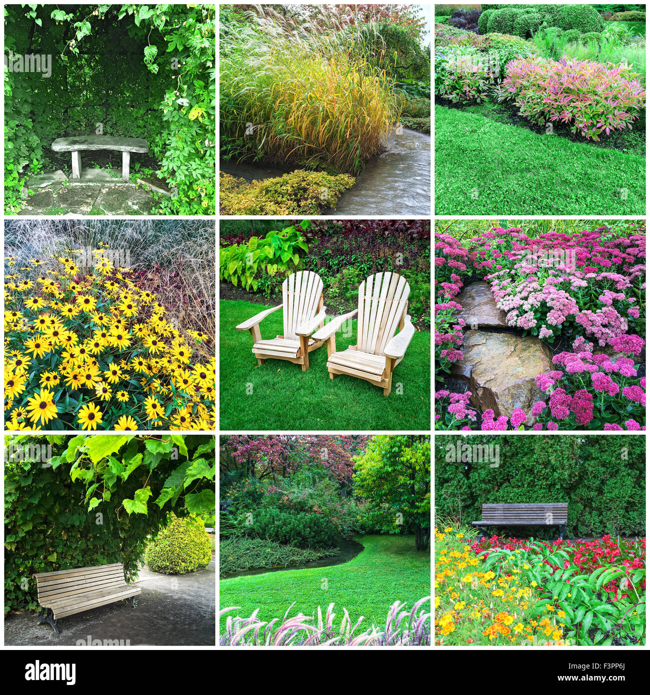 Gardens and blooming flowers. Collage of nine photos Stock Photo - Alamy