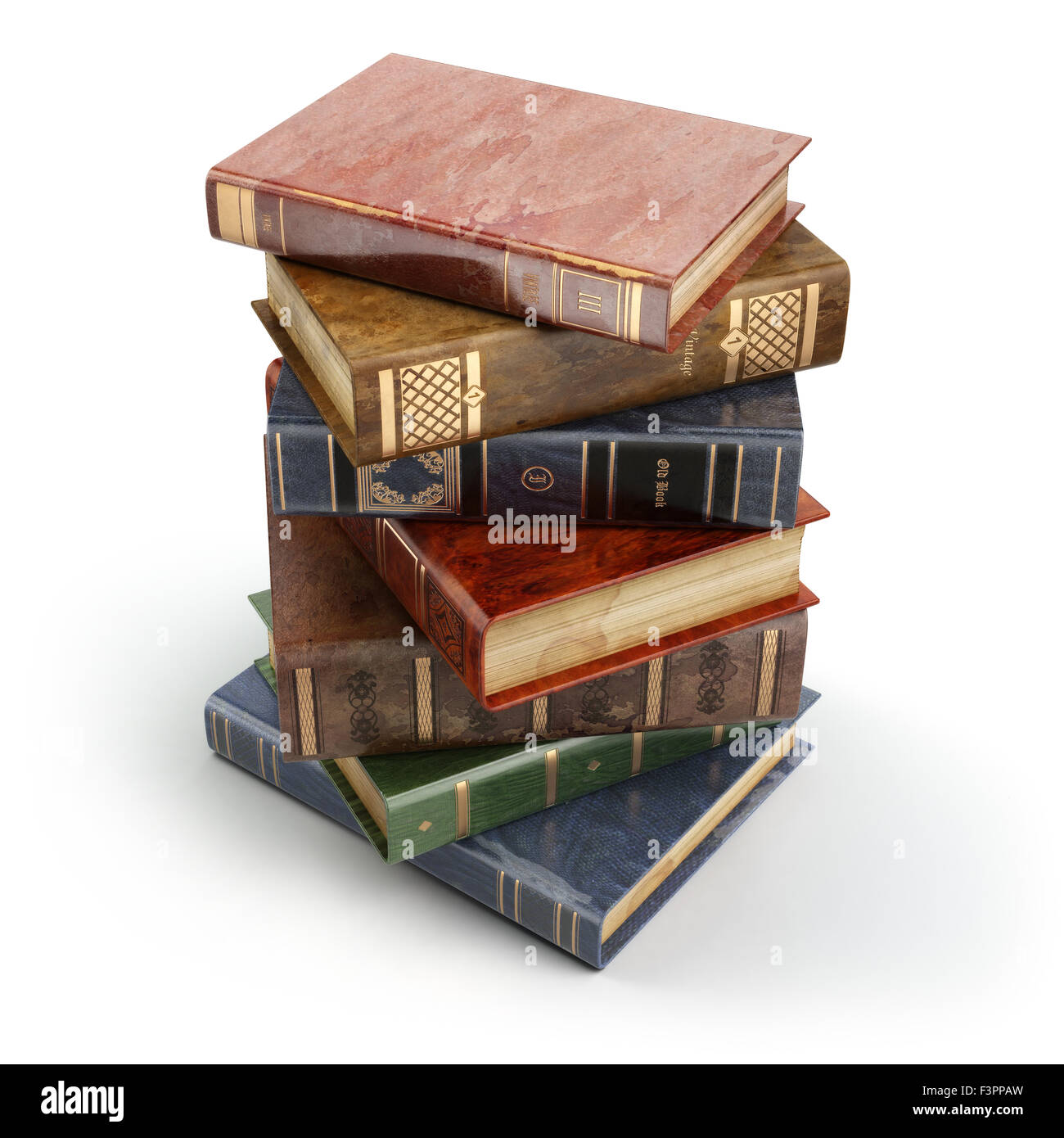 Stack of old vintage books isolated on white. Education. 3d Stock Photo ...