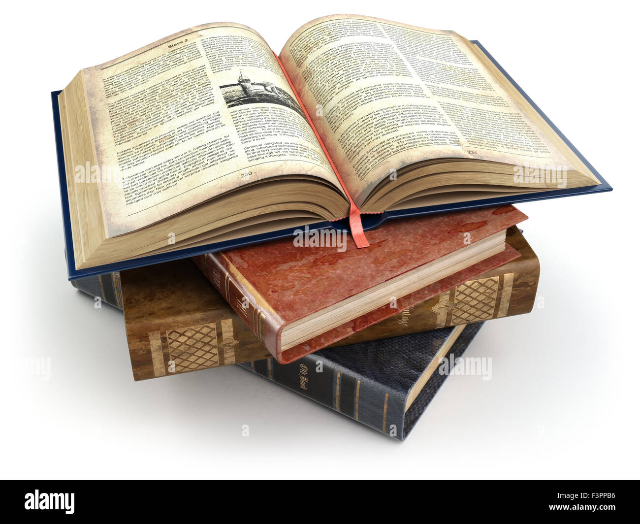 Olld vintage books with open one isolated on white. Education. 3d Stock ...
