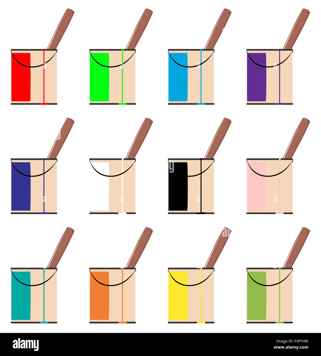 Collection of various coloured paint tins with a run and drip mark down ...