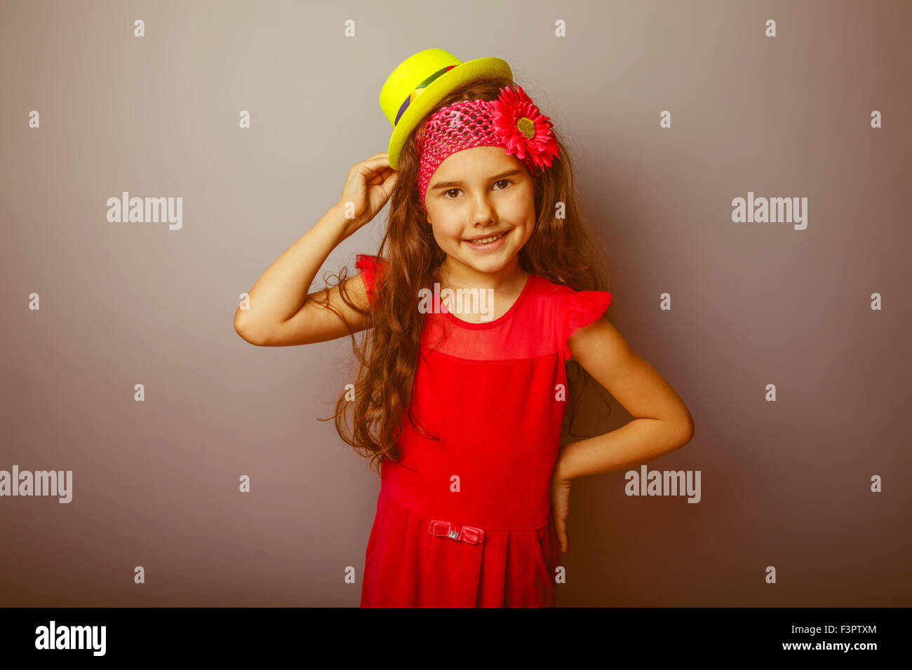 Girl European appearance haired child of seven years in a bright Stock ...