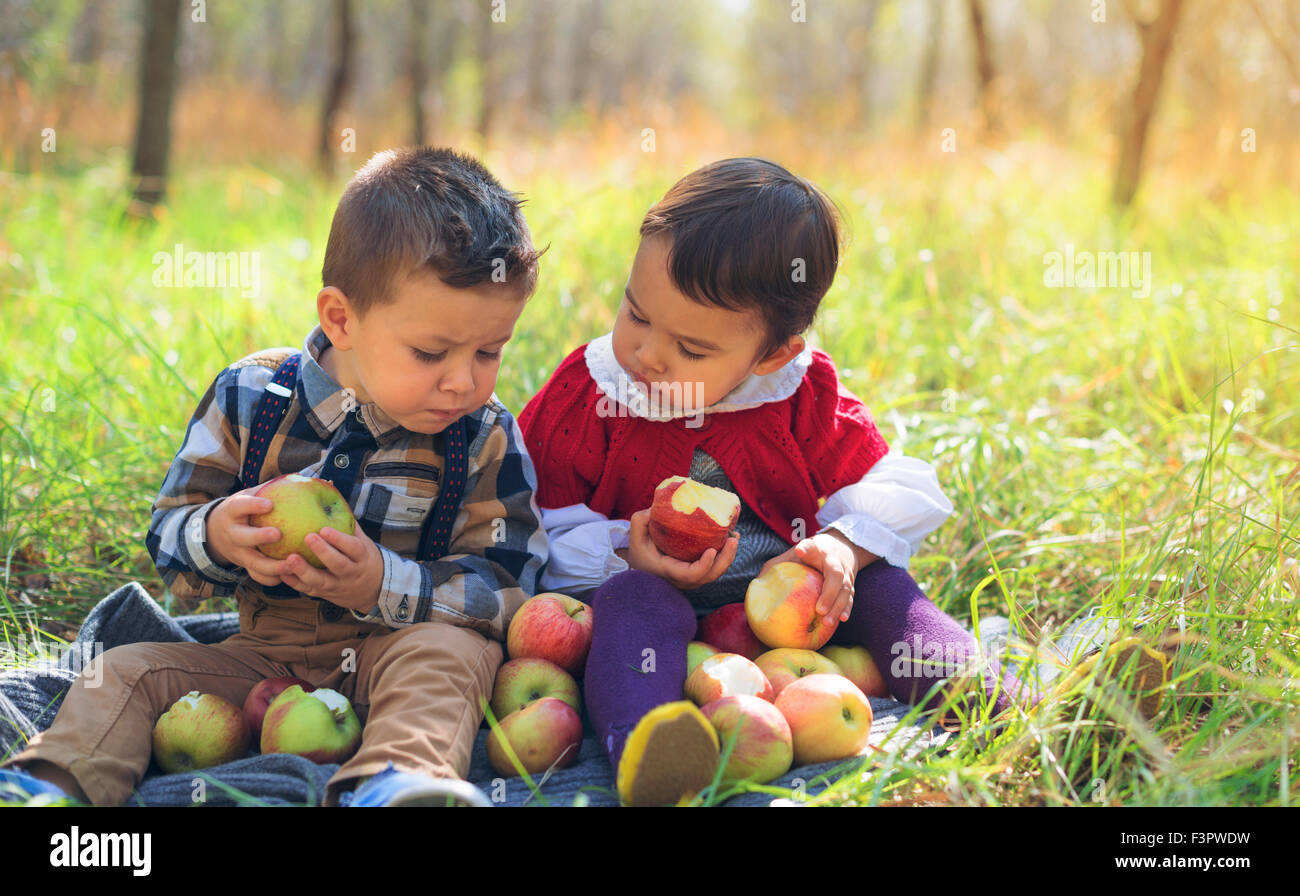 two little kids eating apples in the park Stock Photo - Alamy