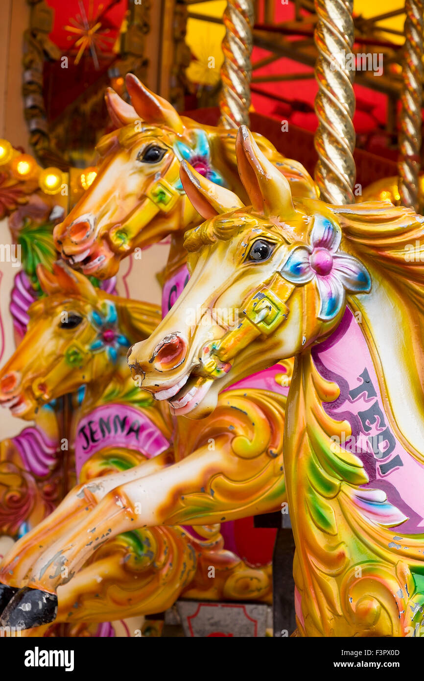 Vintage Carousel - Horses on a vintage carousel at Porthmadog, Wales ...