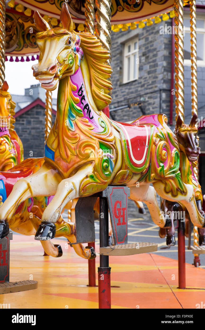Vintage Carousel - Horses on a vintage carousel at Porthmadog, Wales ...