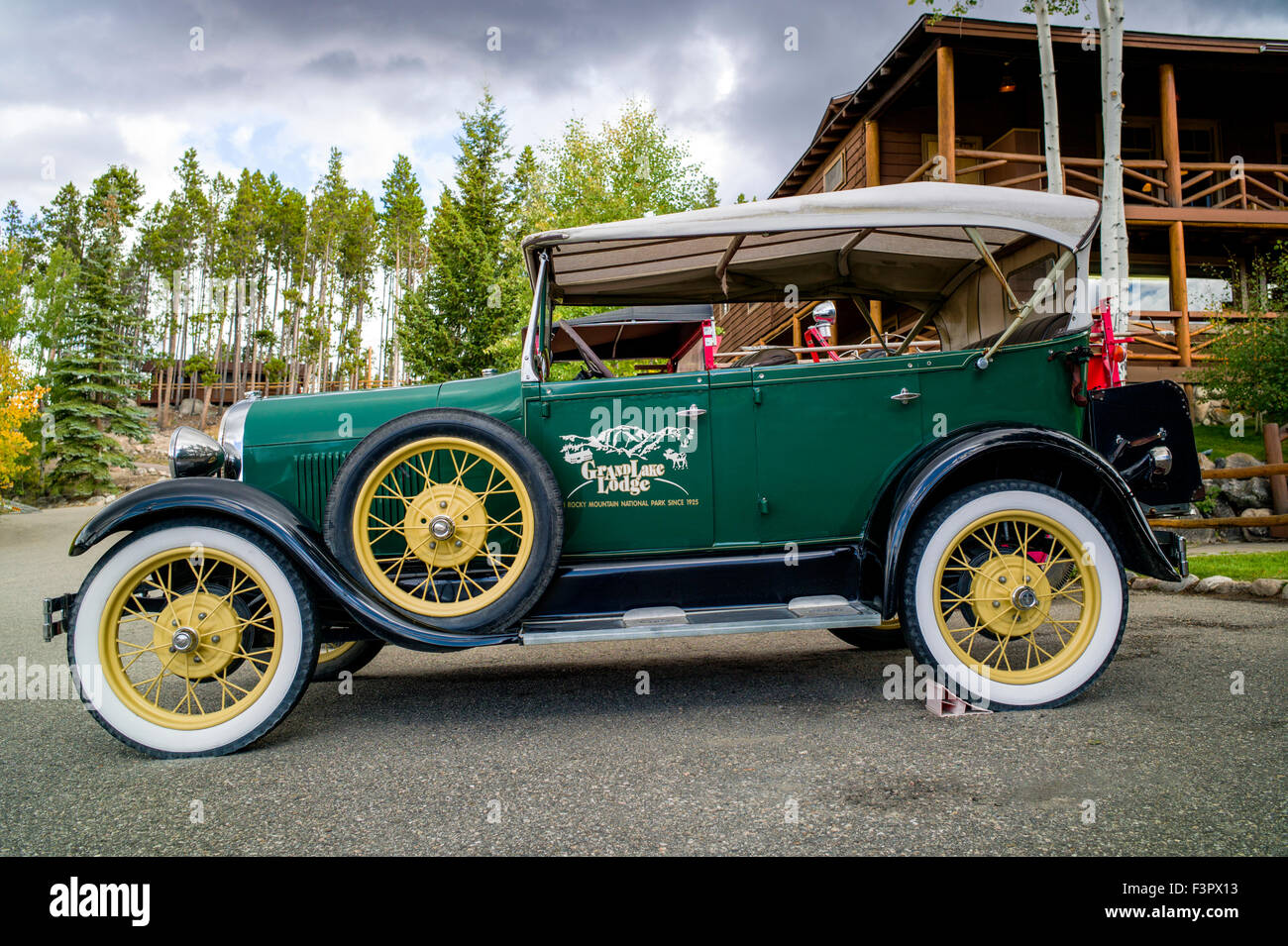 Two vintage antique Ford autos; historic Grand Lake Lodge; near Rocky ...