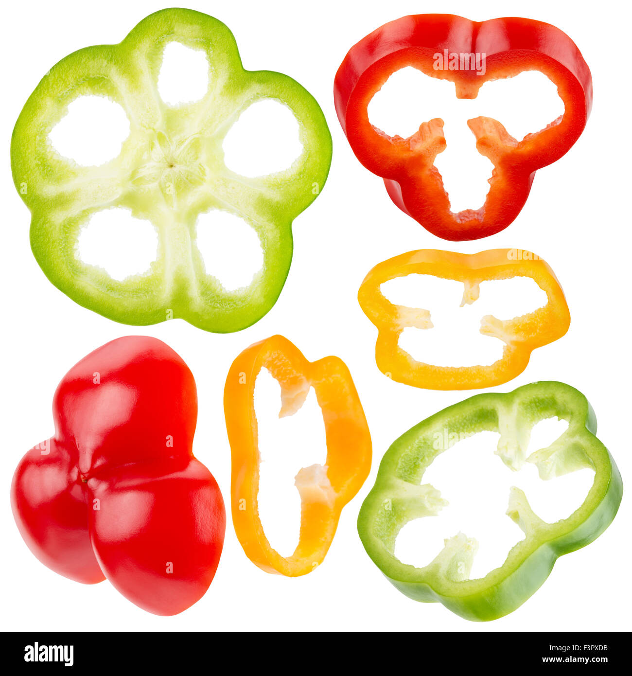 collection of red, yellow, green pepper slices isolated on the white ...