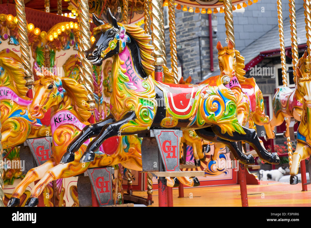 Vintage Carousel - Horses on a vintage carousel at Porthmadog, Wales ...