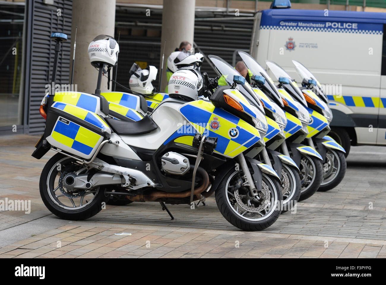 Police outriders motorbikes lined up outside Costa Coffee at Media City ...