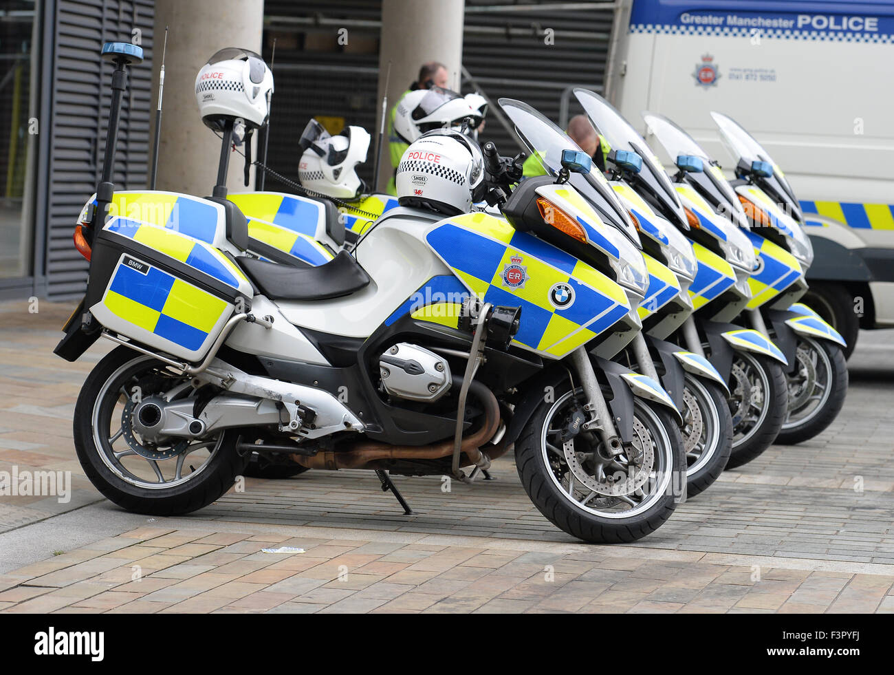 Police outriders motorbikes lined up outside Costa Coffee at Media City ...
