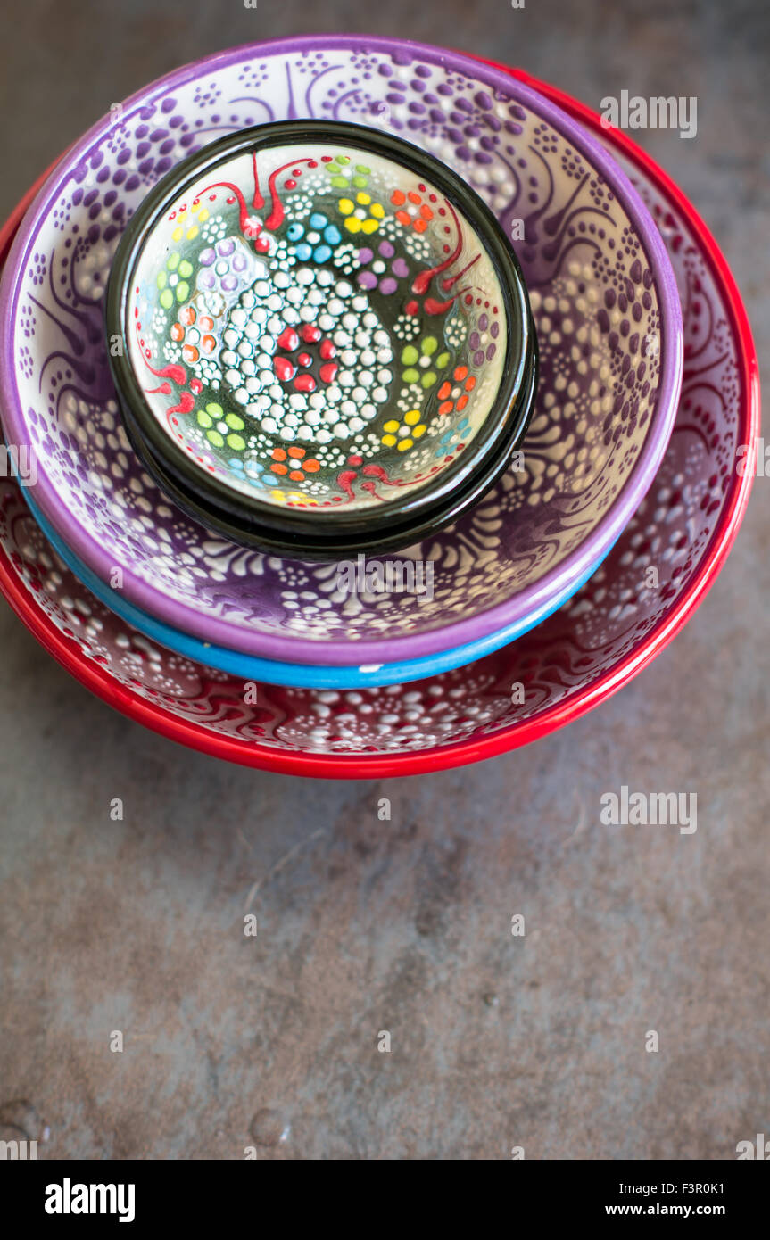 Different colors vintage eastern plates on the dark background Stock ...