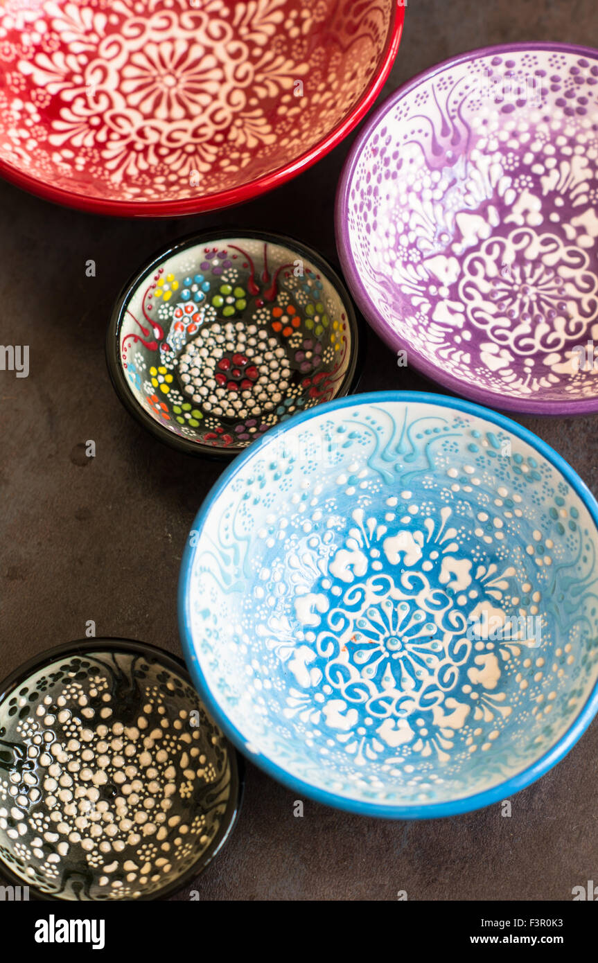 Different colors vintage eastern plates on the dark background Stock ...