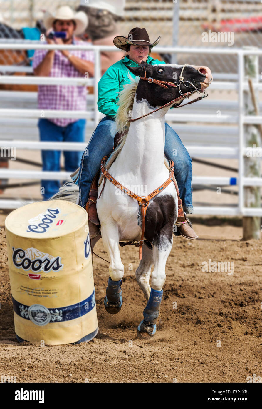 Rodeo cowgirl on horseback competing in barrel racing event, Chaffee ...