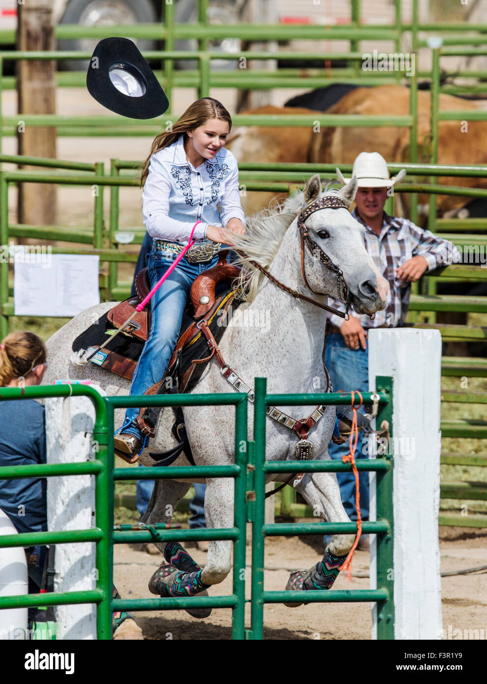 Rodeo cowgirl on horseback competing in barrel racing event, Chaffee ...