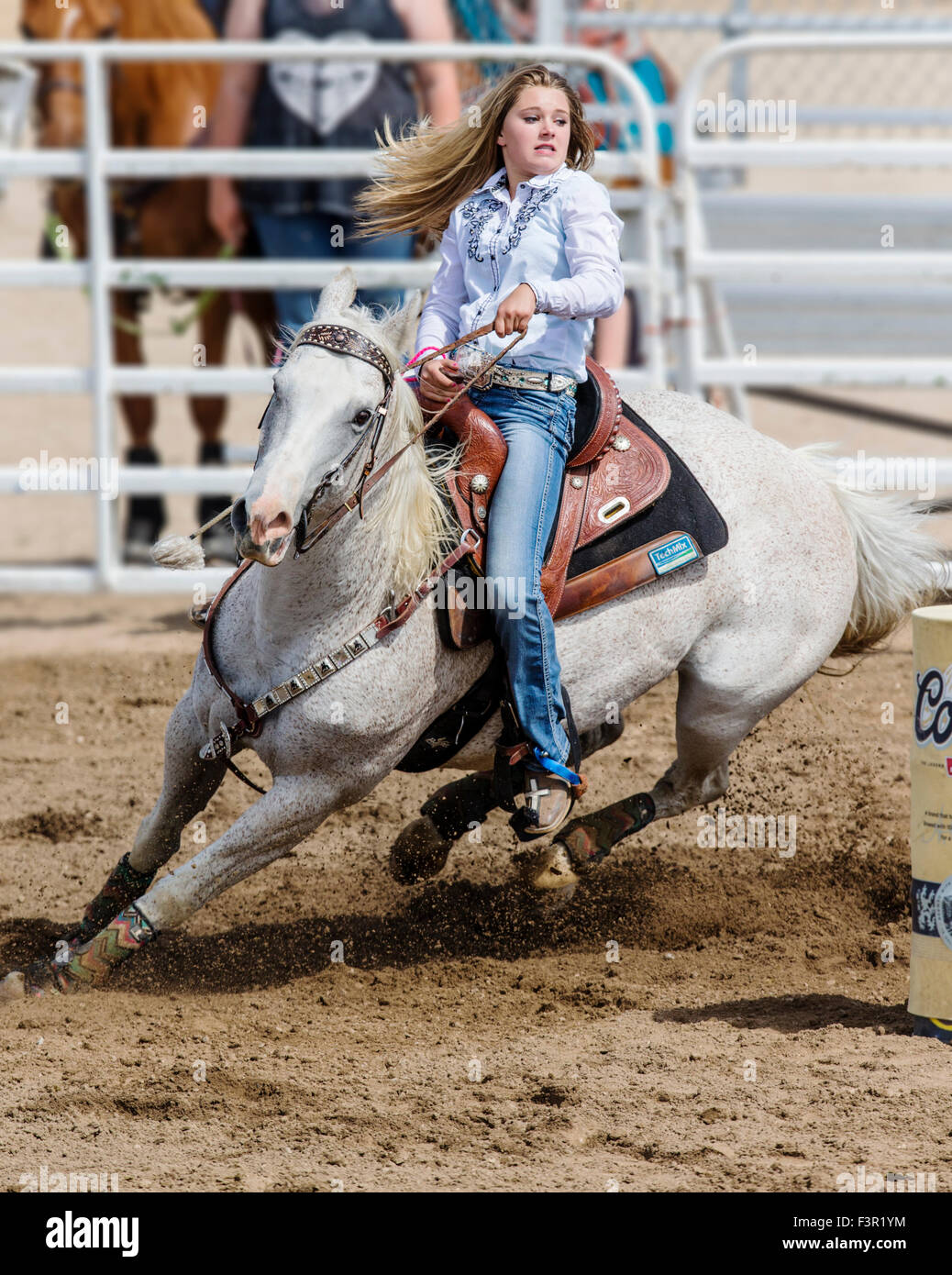 Rodeo cowgirl on horseback competing in barrel racing event, Chaffee ... Rodeo cowgirl on horseback competing in barrel racing event, Chaffee ...