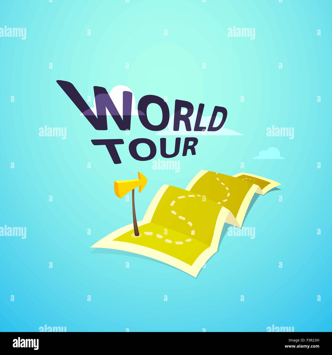 World tour concept logo, long route in travel map with guide marker ...