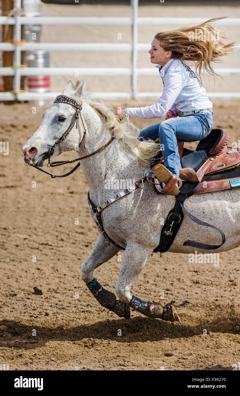 Rodeo cowgirl on horseback competing in barrel racing event, Chaffee ...