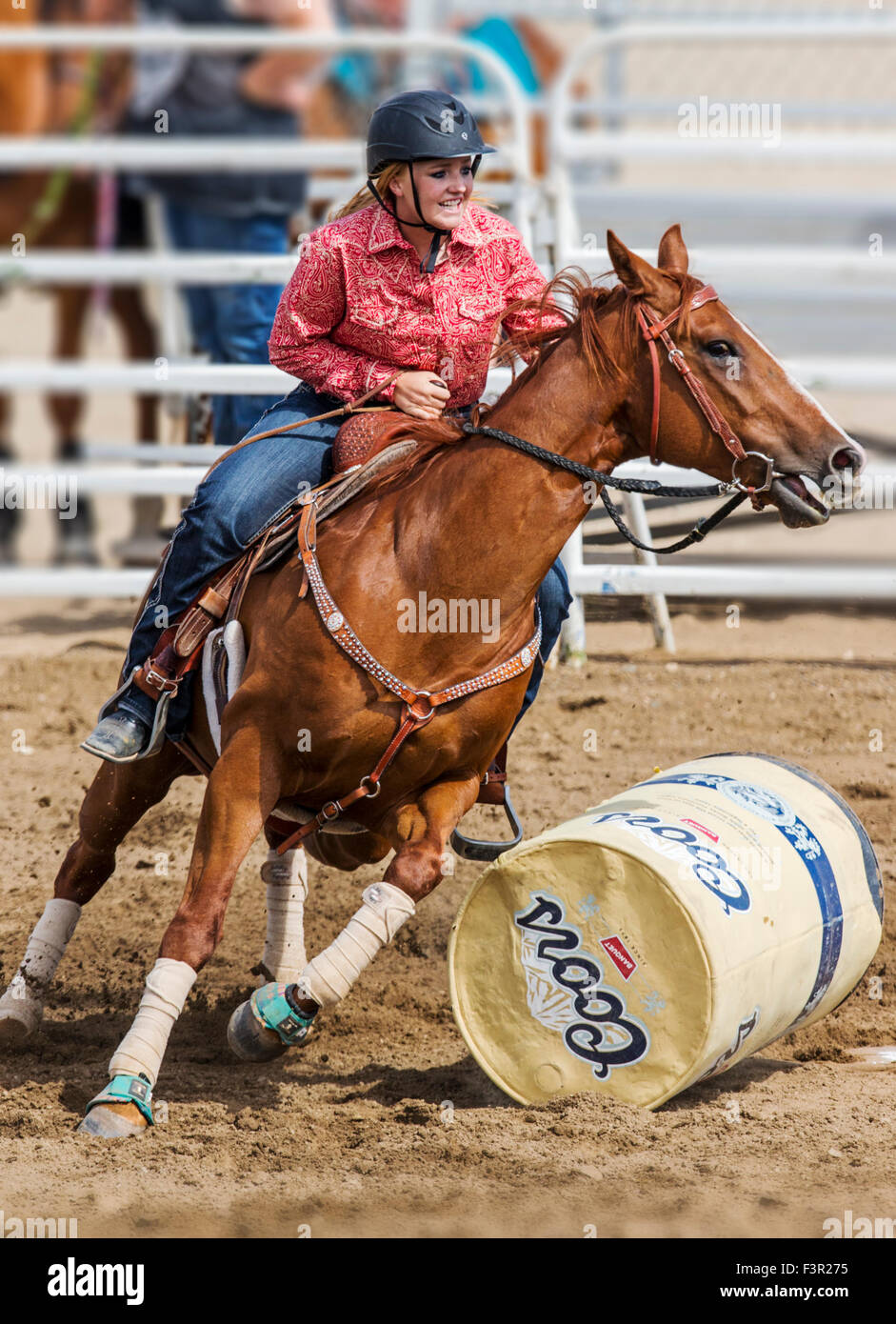 Rodeo cowgirl on horseback competing in barrel racing event, Chaffee ...