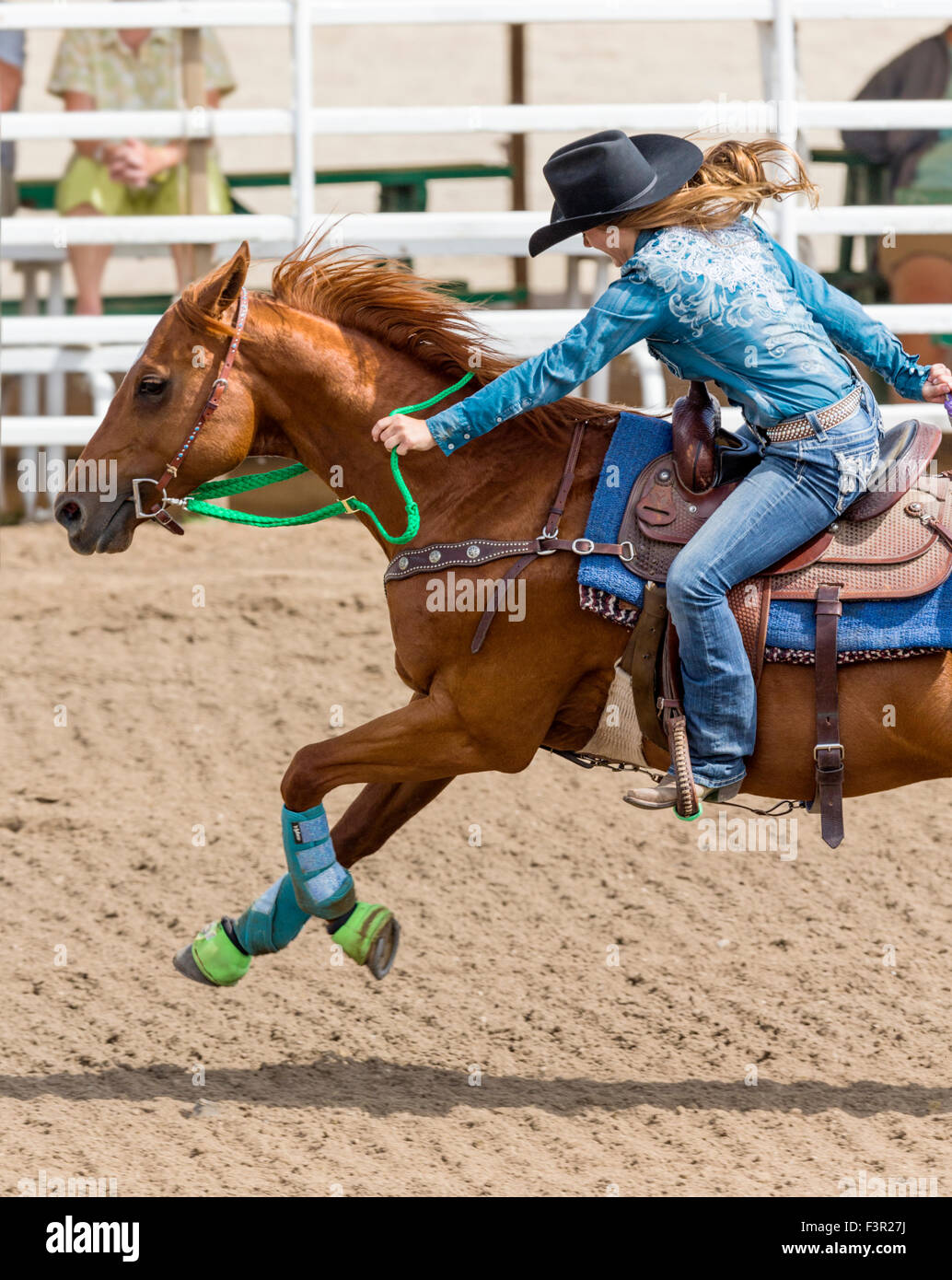 Rodeo cowgirl on horseback competing in barrel racing event, Chaffee ...