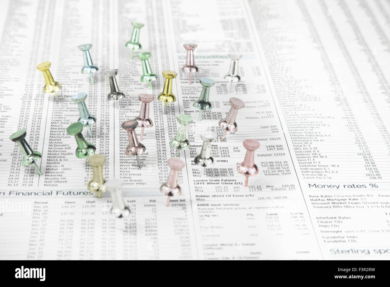 Notice board push pins on a News paper stock market financial page ...