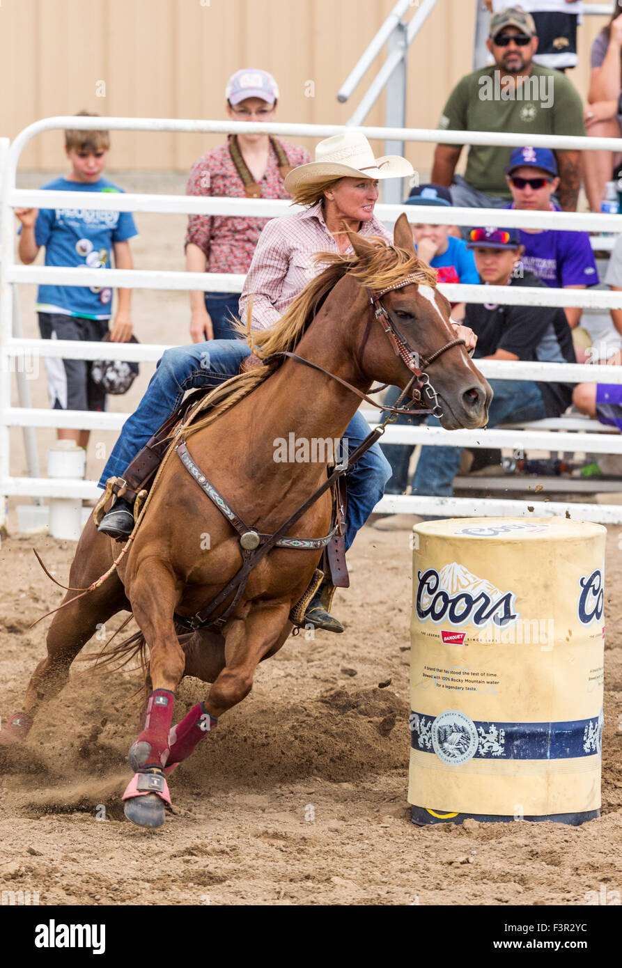 Rodeo cowgirl on horseback competing in barrel racing event, Chaffee ...