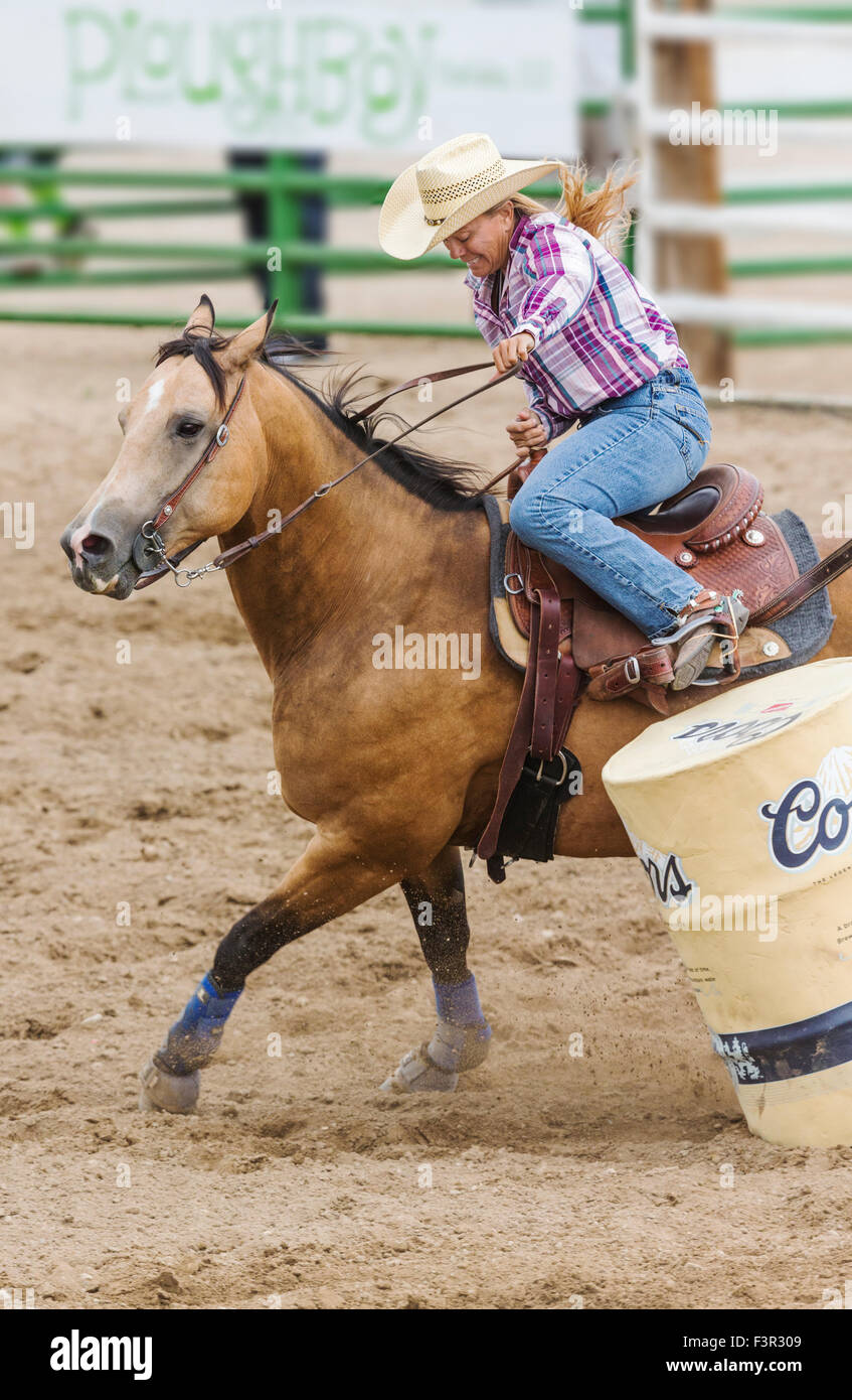 Rodeo cowgirl on horseback competing in barrel racing event, Chaffee ...