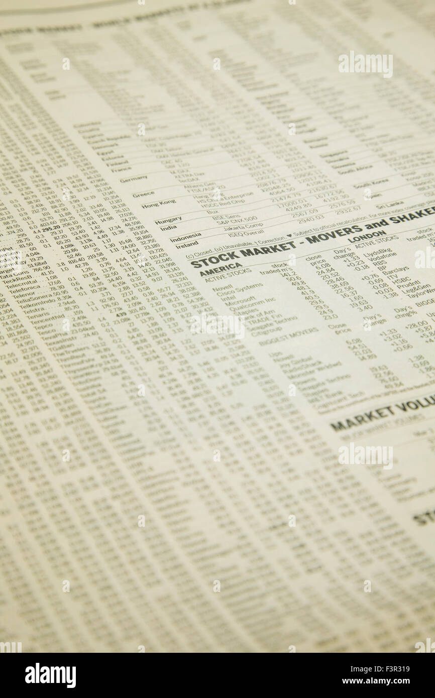 News paper Stock market financial page showing stocks and shares Stock ...