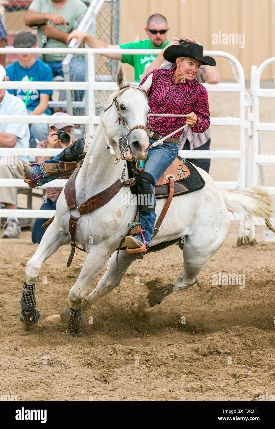Rodeo cowgirl on horseback competing in barrel racing event, Chaffee ...