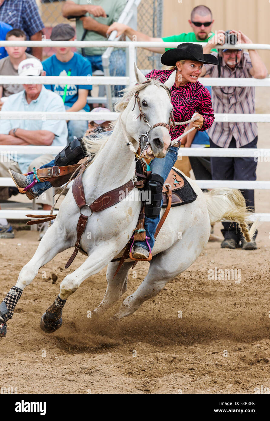 Rodeo cowgirl on horseback competing in barrel racing event, Chaffee ...