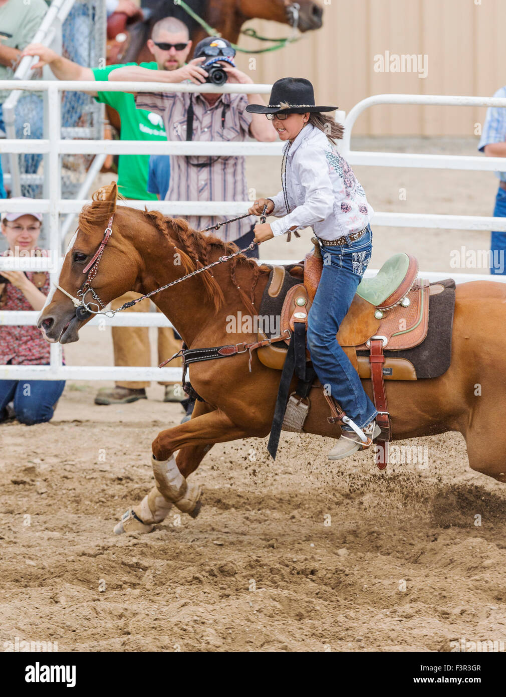 Rodeo cowgirl on horseback competing in barrel racing event, Chaffee ...