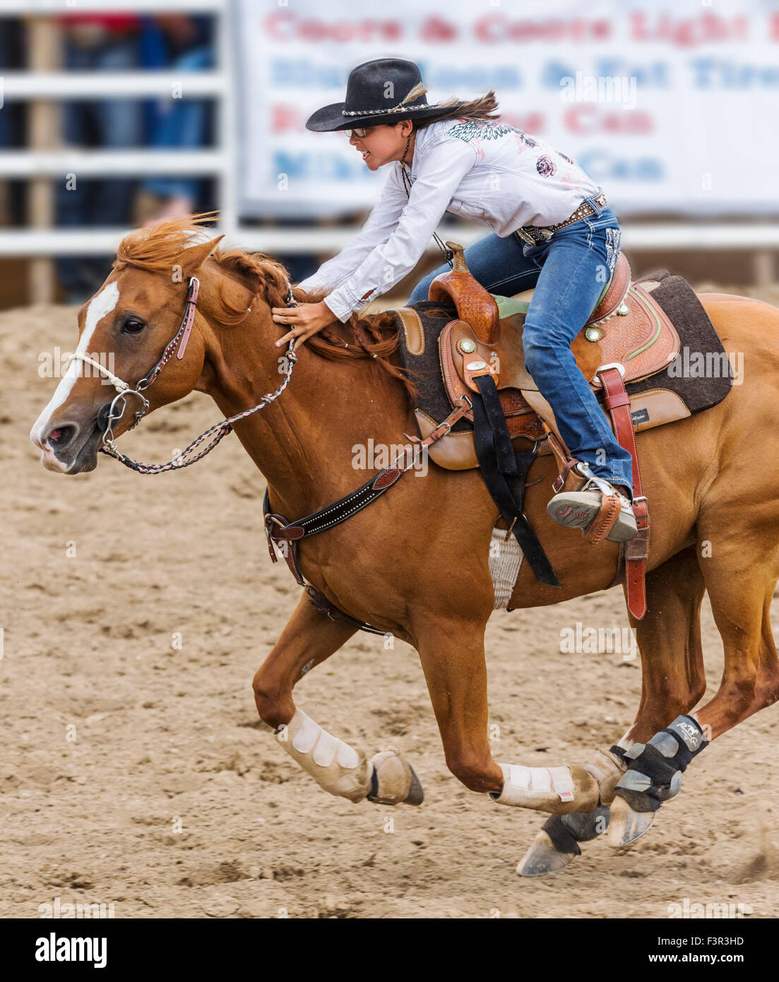 Rodeo cowgirl on horseback competing in barrel racing event, Chaffee ...