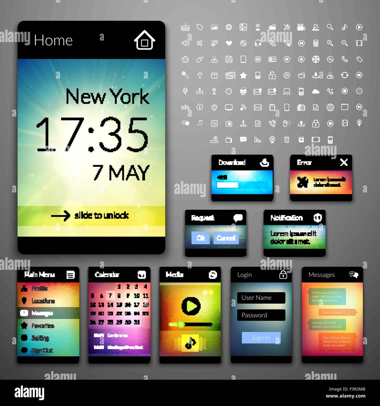 Mobile interface elements with colorful wallpaper and icon set, design ...