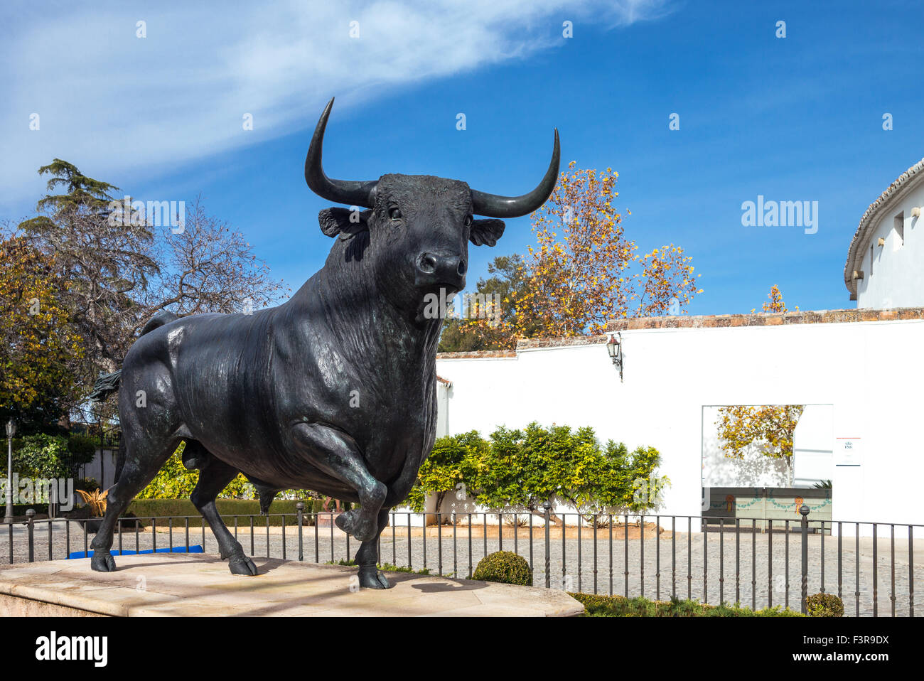 Spain, Andalusia, Ronda, a bull monument in front of Plaza de Toros ...