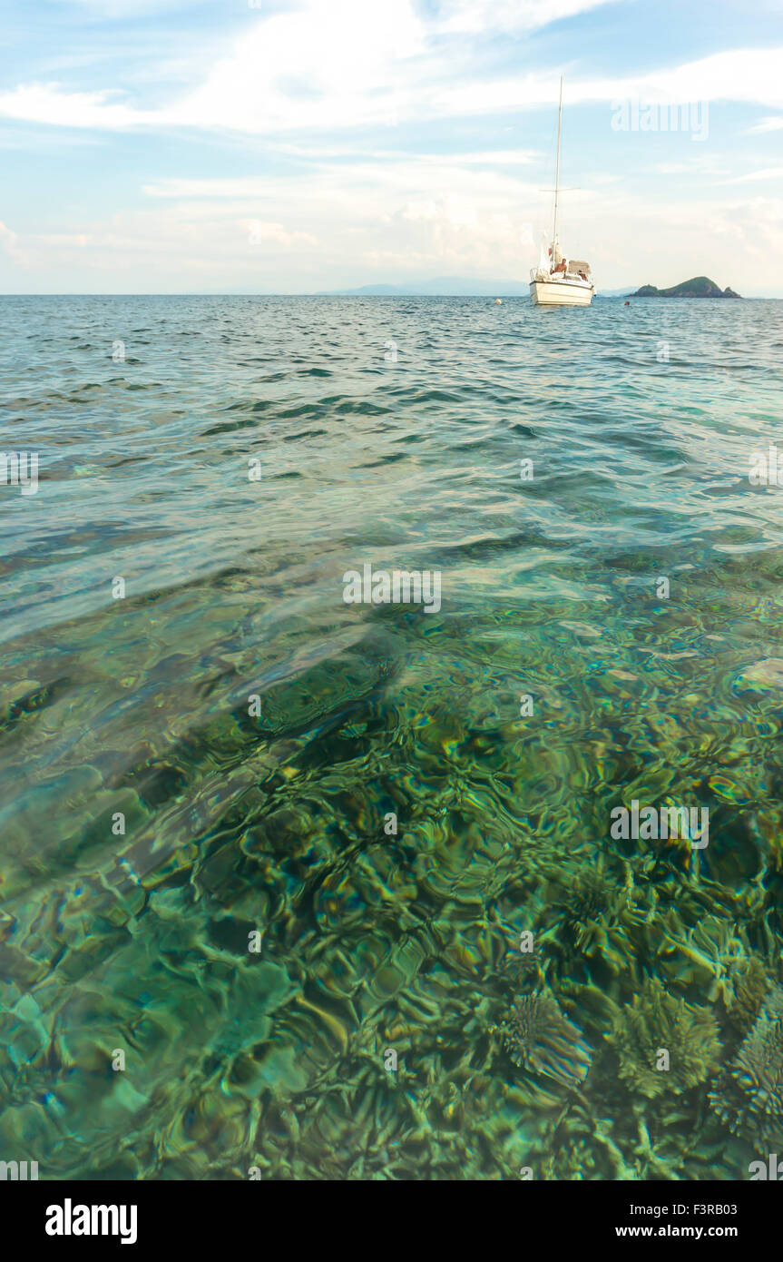 Clean and clear water with sail boats background. Low angle view Stock ...