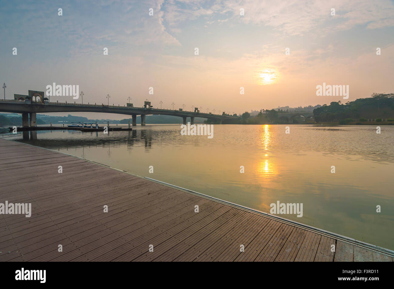Wooden platform with morning mist Stock Photo - Alamy