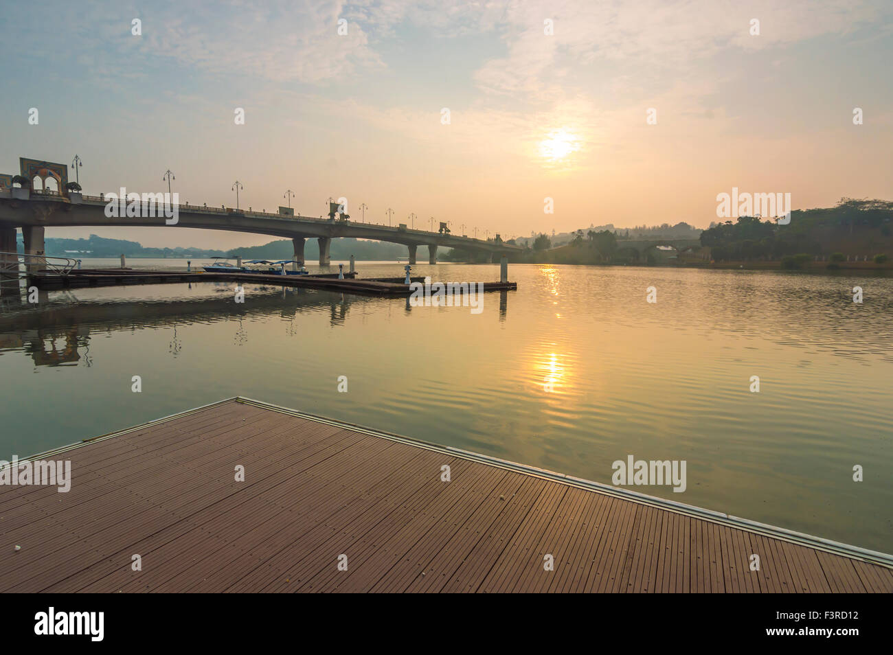 Wooden platform with morning mist Stock Photo - Alamy