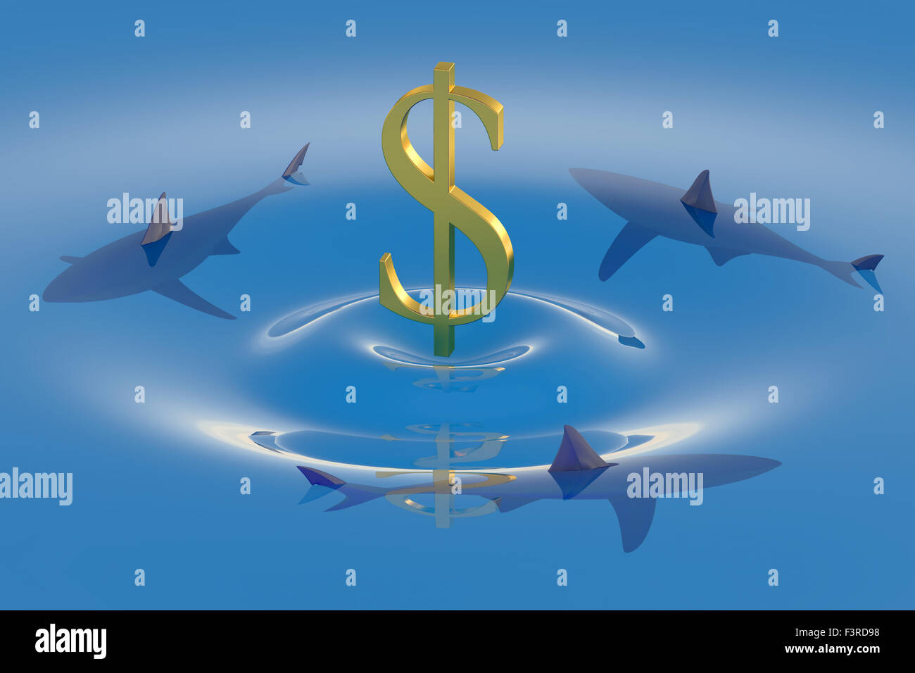 Dollar symbol sinking in the water with sharks Stock Photo - Alamy
