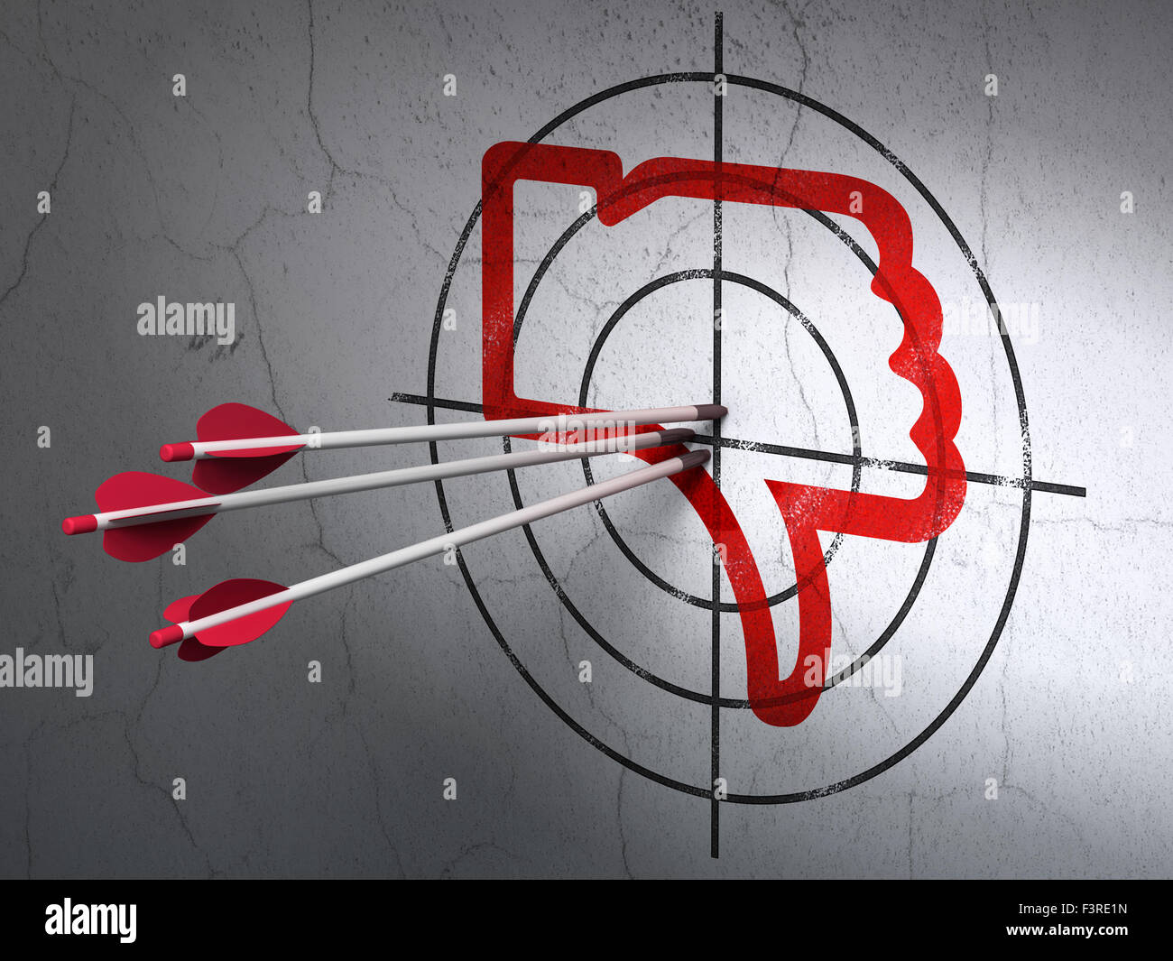 Social media concept: arrows in Thumb Down target on wall background ...