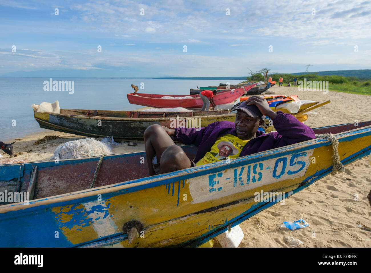 Fishing boats on the beach of Lake Edward, Uganda, Africa Stock Photo ...
