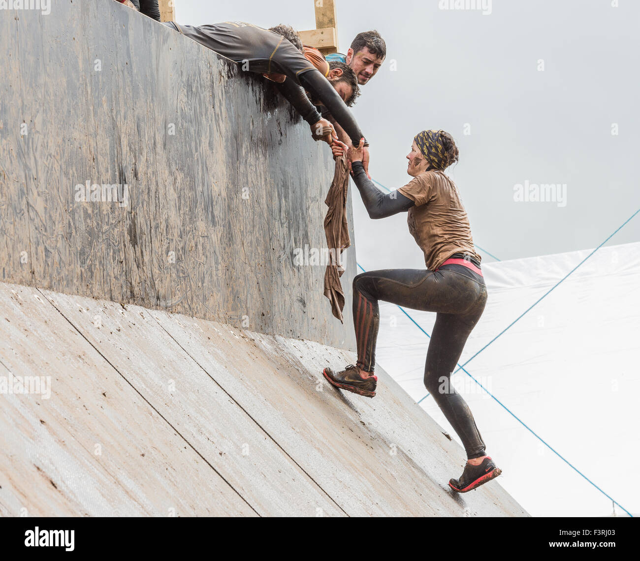 Female participant getting help over an obstacle in race Stock Photo ...