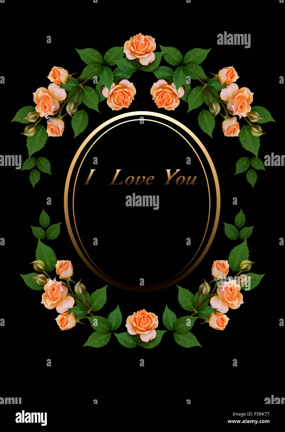 Oval gold frame with orange roses on a black background Stock Photo - Alamy