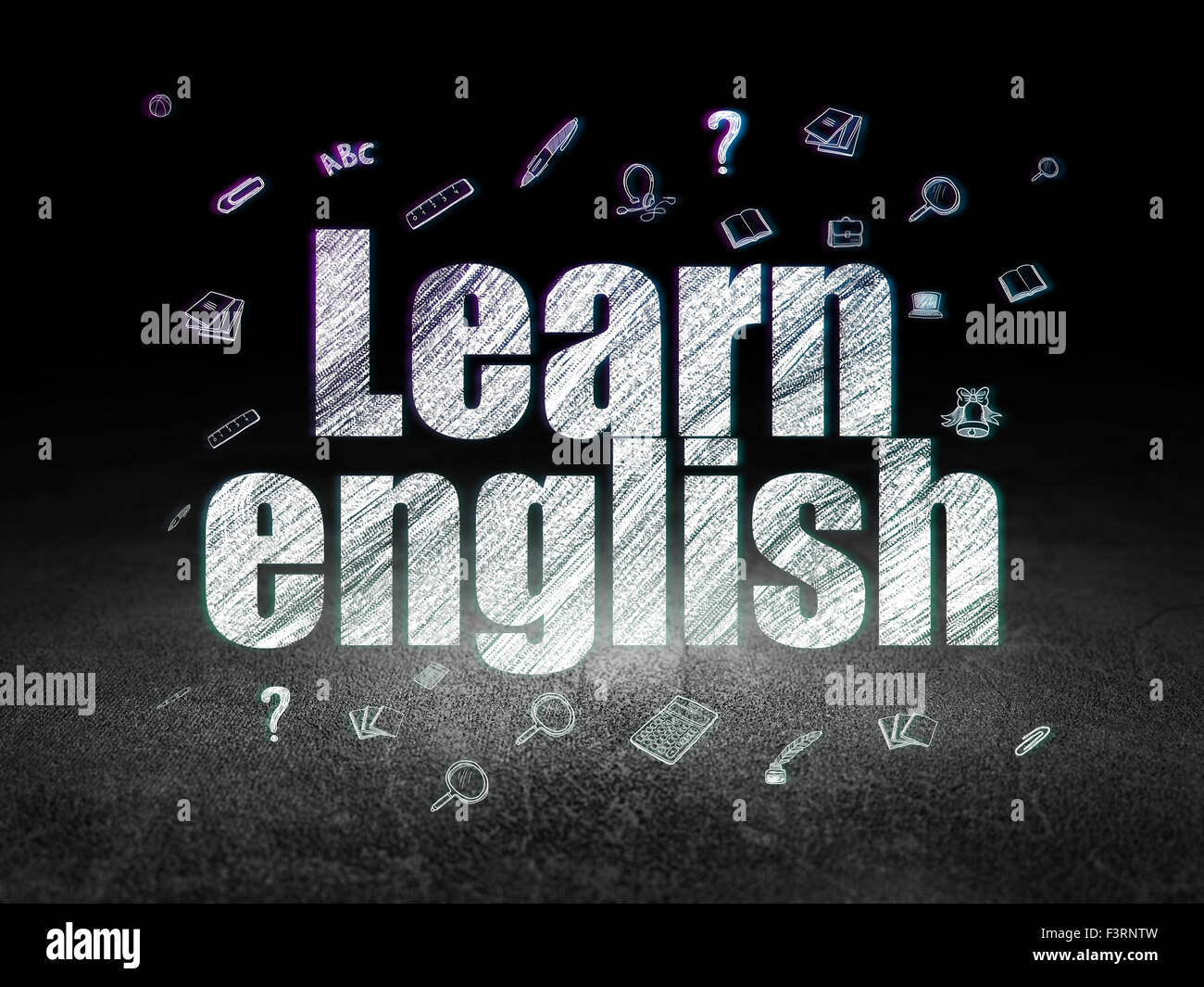 Education concept: Learn English in grunge dark room Stock Photo - Alamy